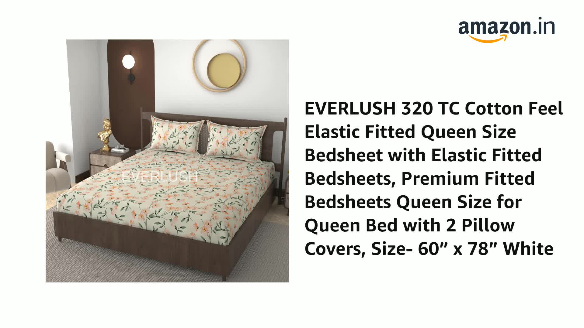 Watch EVERLUSH 320 TC Cotton Feel Elastic Fitted Queen Size Bedsheet ...