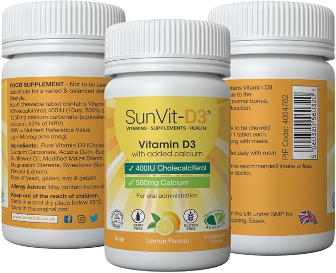 SunVit-D3 Vitamin D3 400IU with Added 500mg Calcium Lemon Tablets ...