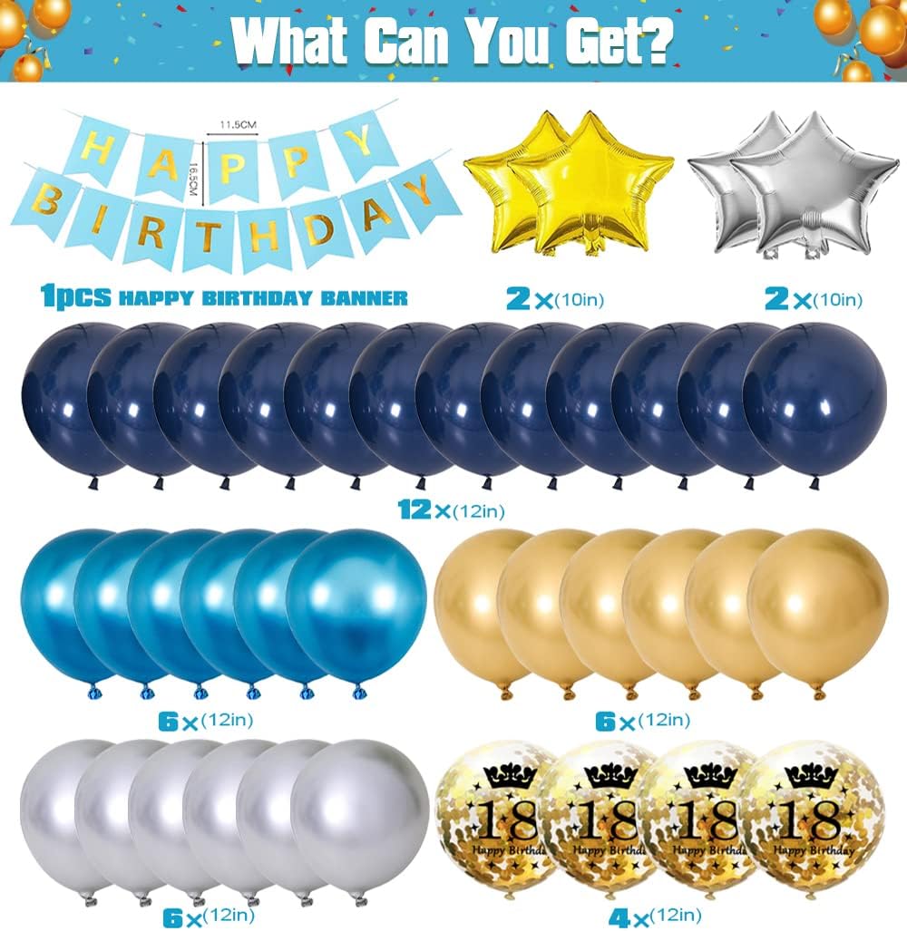 18th Birthday Decorations for Boys, Navy Blue Gold 18th Birthday Party Decorations with Happy ...