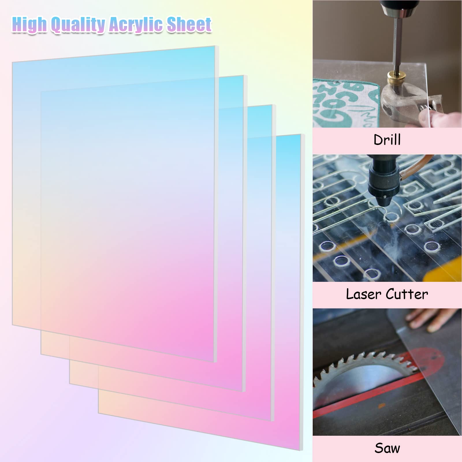 Snapklik.com : 4 Pack Iridescent Acrylic Sheets 11.8x11.8 Inch Colored ...