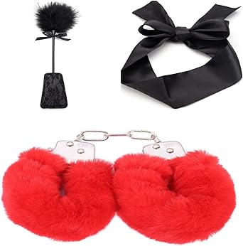 Amazon.com: Red fluffy Handcuffs Satin Eye Mask Blindfold Kit - Feather ...