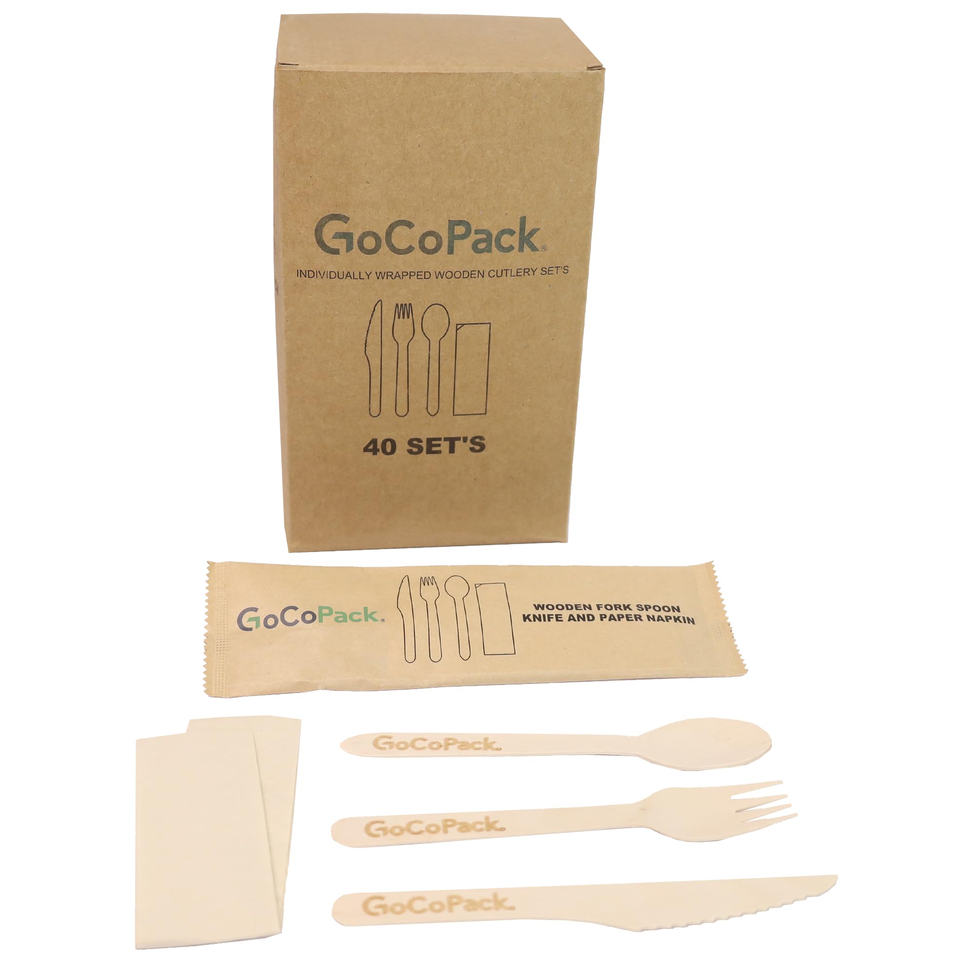 Individual Wrapped Wooden Compostable Cutlery Set's - Pack of 40 ...
