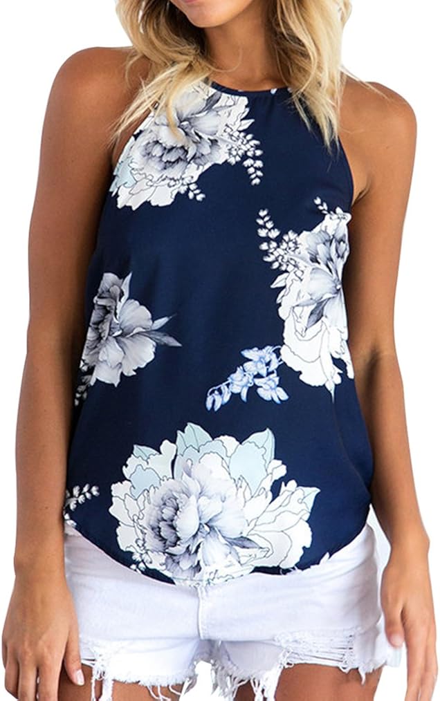 Sherosa Women's Casual Halter Top Spaghetti Strap Floral Print Tank Tops Camis Shirt at Amazon ...
