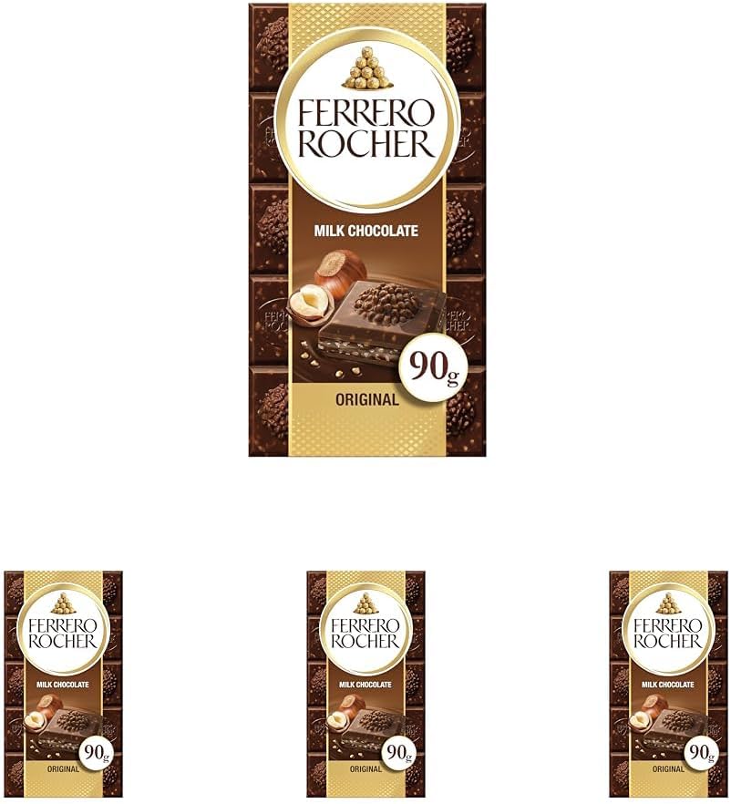 Ferrero Rocher Original Milk Chocolate Bar and Hazelnut, 90g (Pack of 4 ...