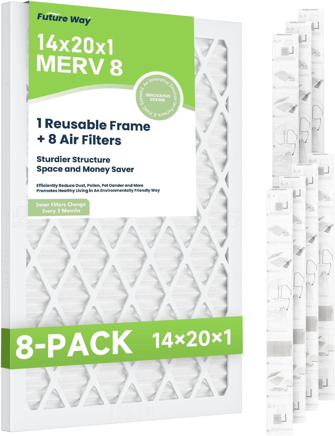 Future Way 14x20x1 Air Filters, 8-Pack with Reusable Frame, MERV 8, MPR ...