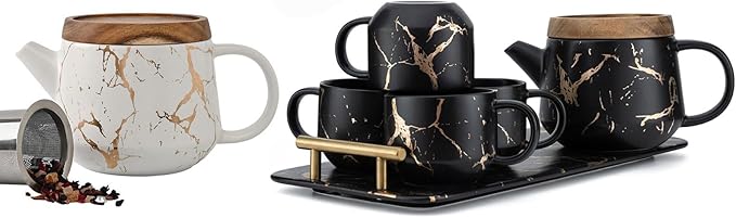 Amazon.com | Black Tea Set, 25oz Tea Pot Sets with Infuser, 4 Tea Cups ...