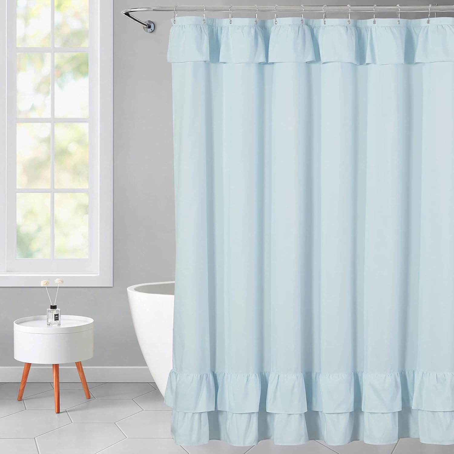 Amazon.com: YOSTEV Light Blue Ruffle Shower Curtain Farmhouse Fabric ...