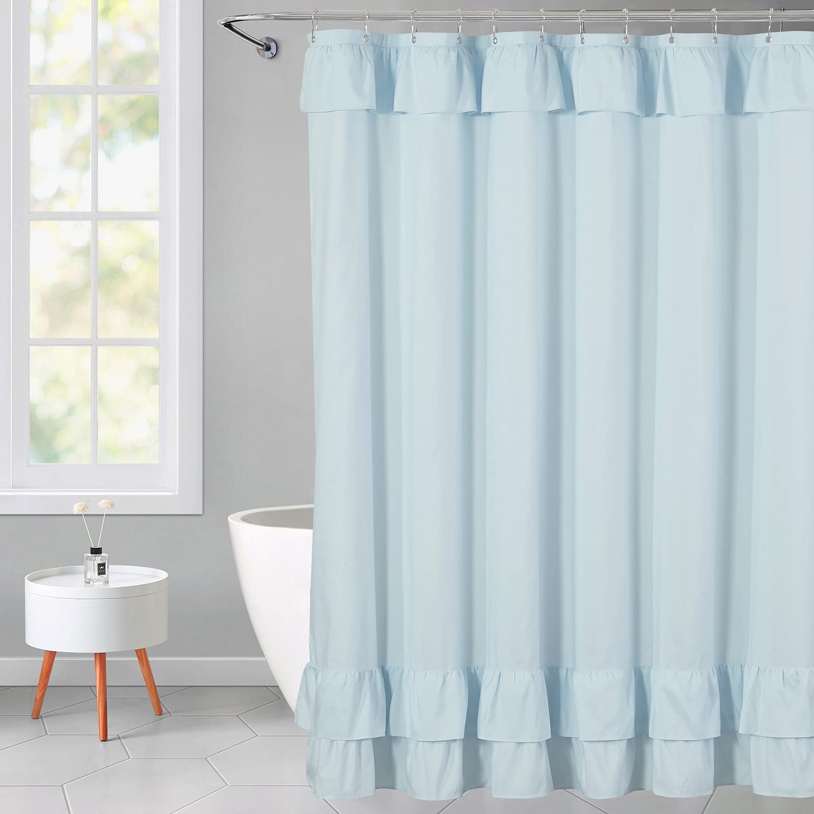 Amazon.com: YOSTEV Light Blue Ruffle Shower Curtain Farmhouse Fabric ...