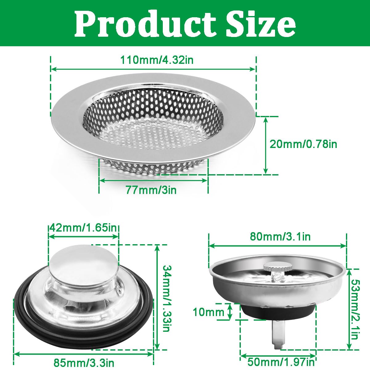 Snapklik.com : 3 PCS Kitchen Sink Stopper Strainer,Silver Anti-Clogging ...