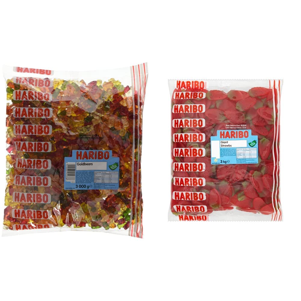 Haribo Gold Bears, Gummy Bear Sweets, Bulk Bag 3 kg & Giant Strawbs 3kg ...