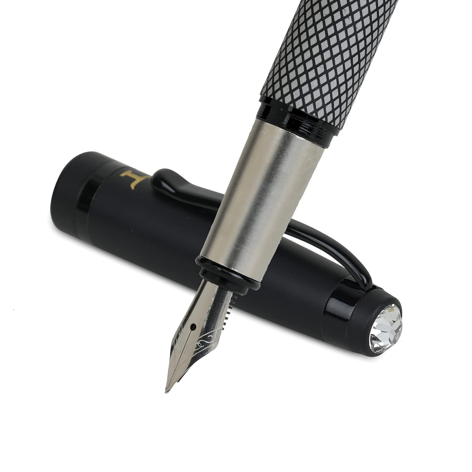 TEUER Rubi Silver Check Body & Black Clip Designer Metal Fountain Pen ...