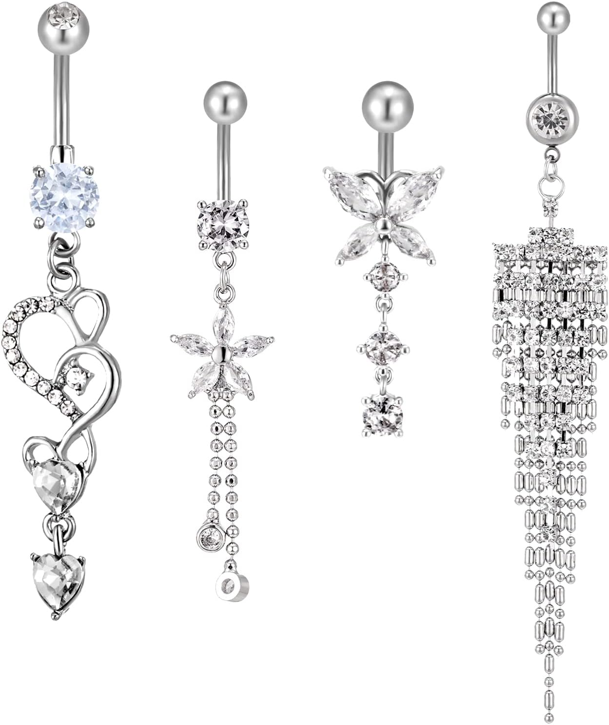 Firtink 4Pcs Belly Bars Set, Stainless Stee Belly Button Rings Long ...