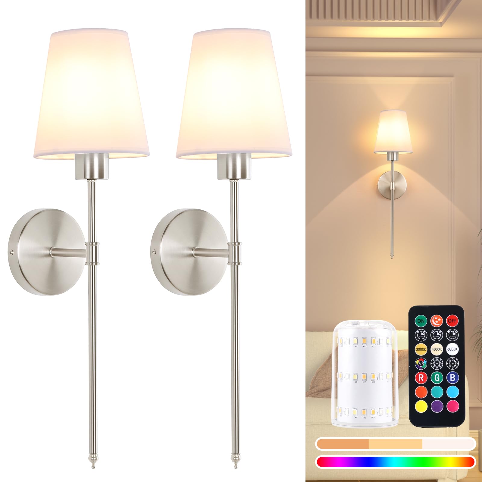 Shenmoyl Battery Operated Wall Sconces Set of 2, Rechargeable Dimmable ...