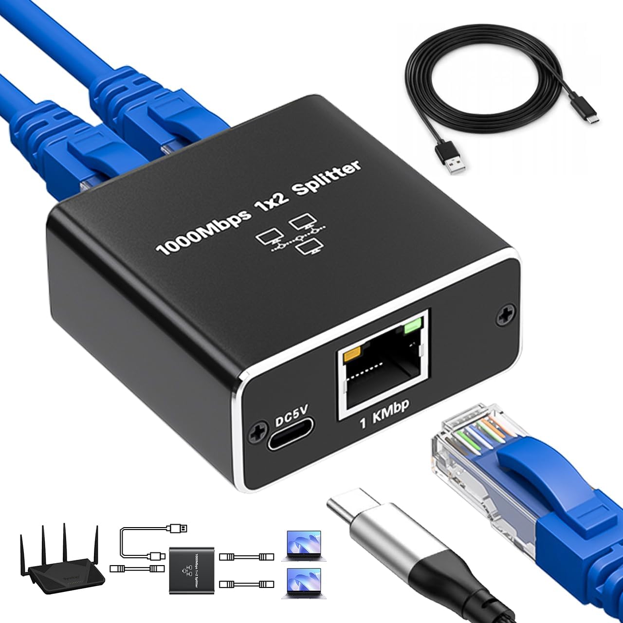 Amazon.com: Ethernet Splitter 1 to 2 Out, 1000Mbps High Speed, RJ45 ...