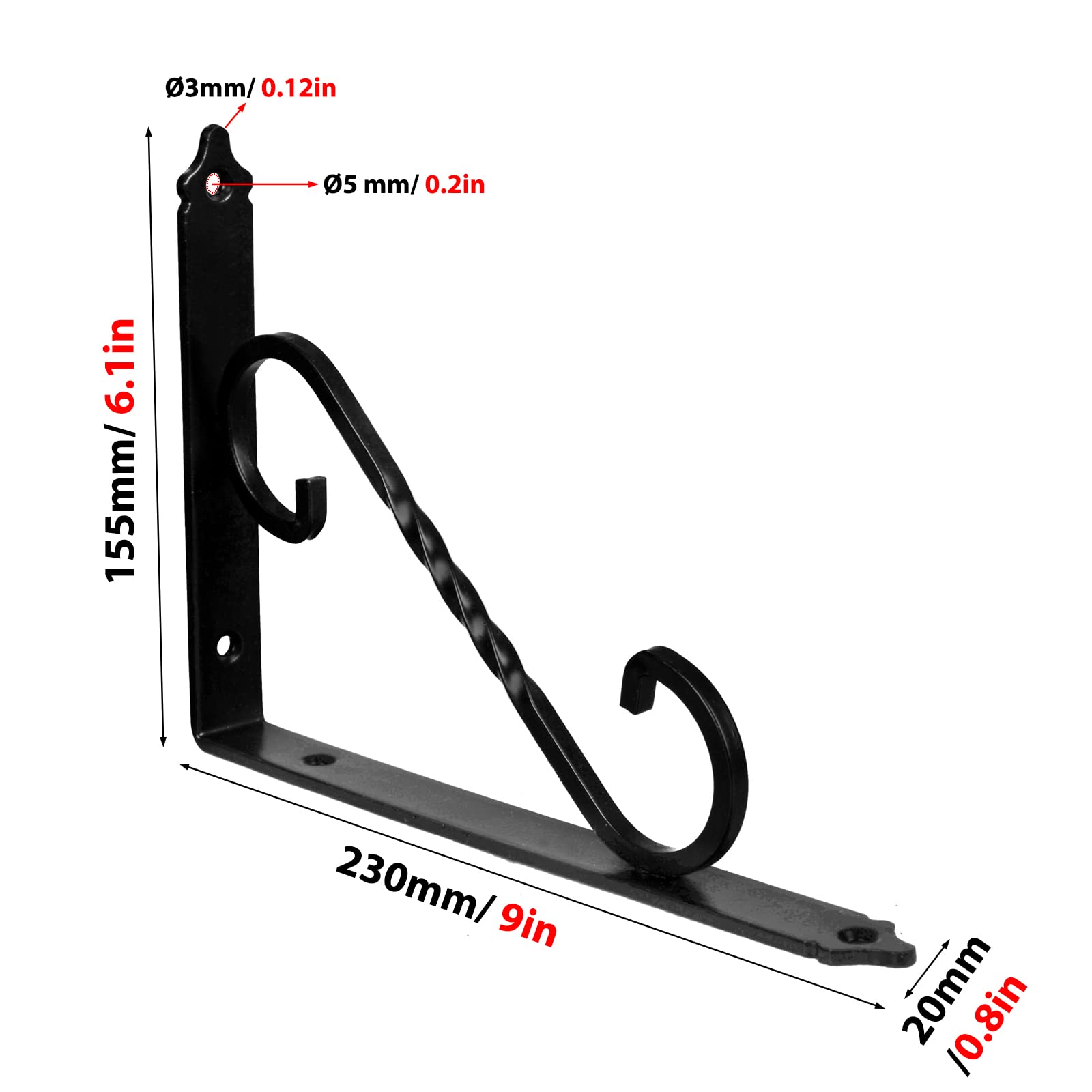YAPIKAN 2-Pack Black Wrought Iron Shelf Bracket 9 x 6 inch - Metal L ...
