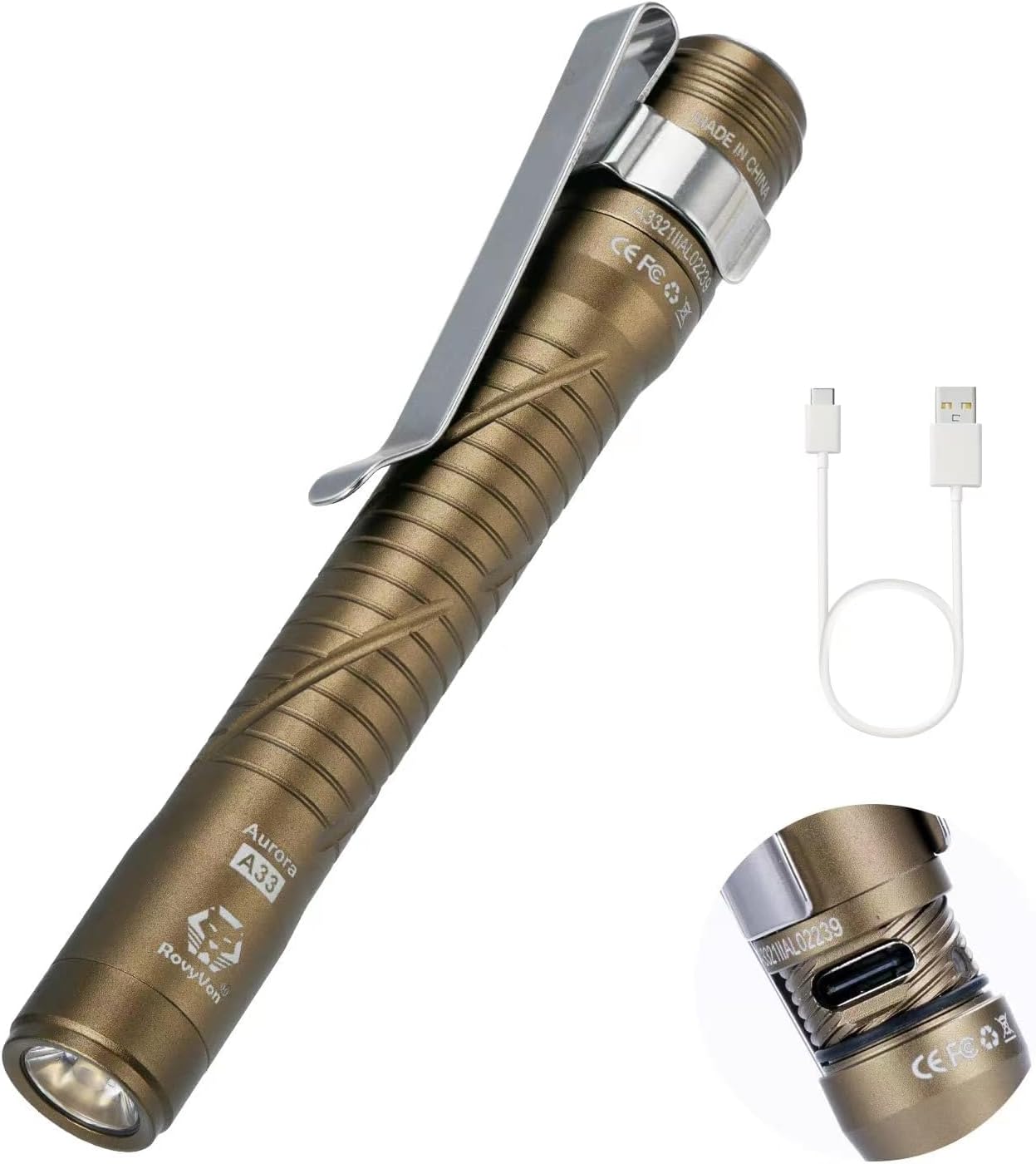 RovyVon A33 Pocket Pen Flashlight 200 Lumen, Built-in 600mAh Battery ...