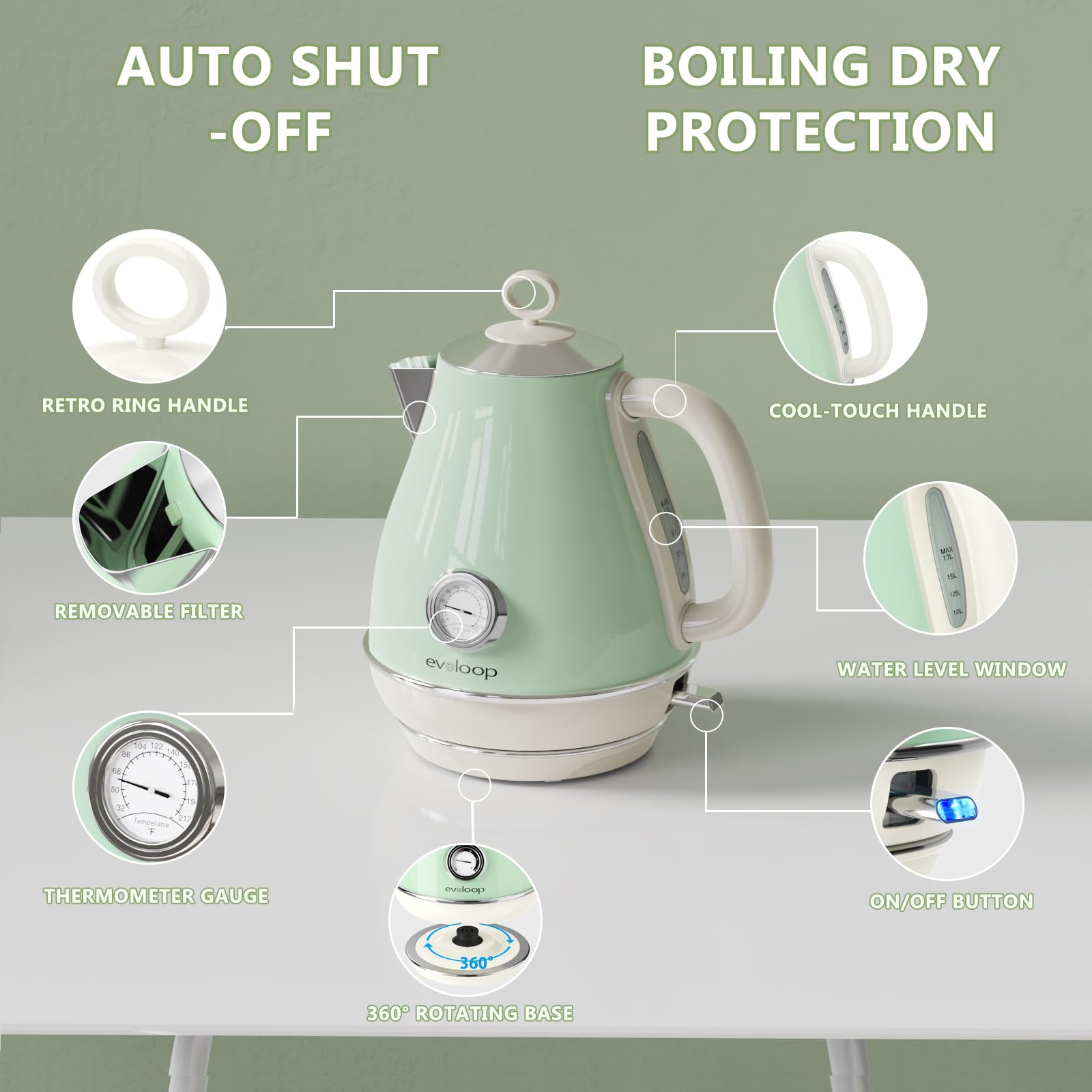 Snapklik.com : Evoloop Electric Tea Kettle, 1500W /1.7 Liter Hot Water ...