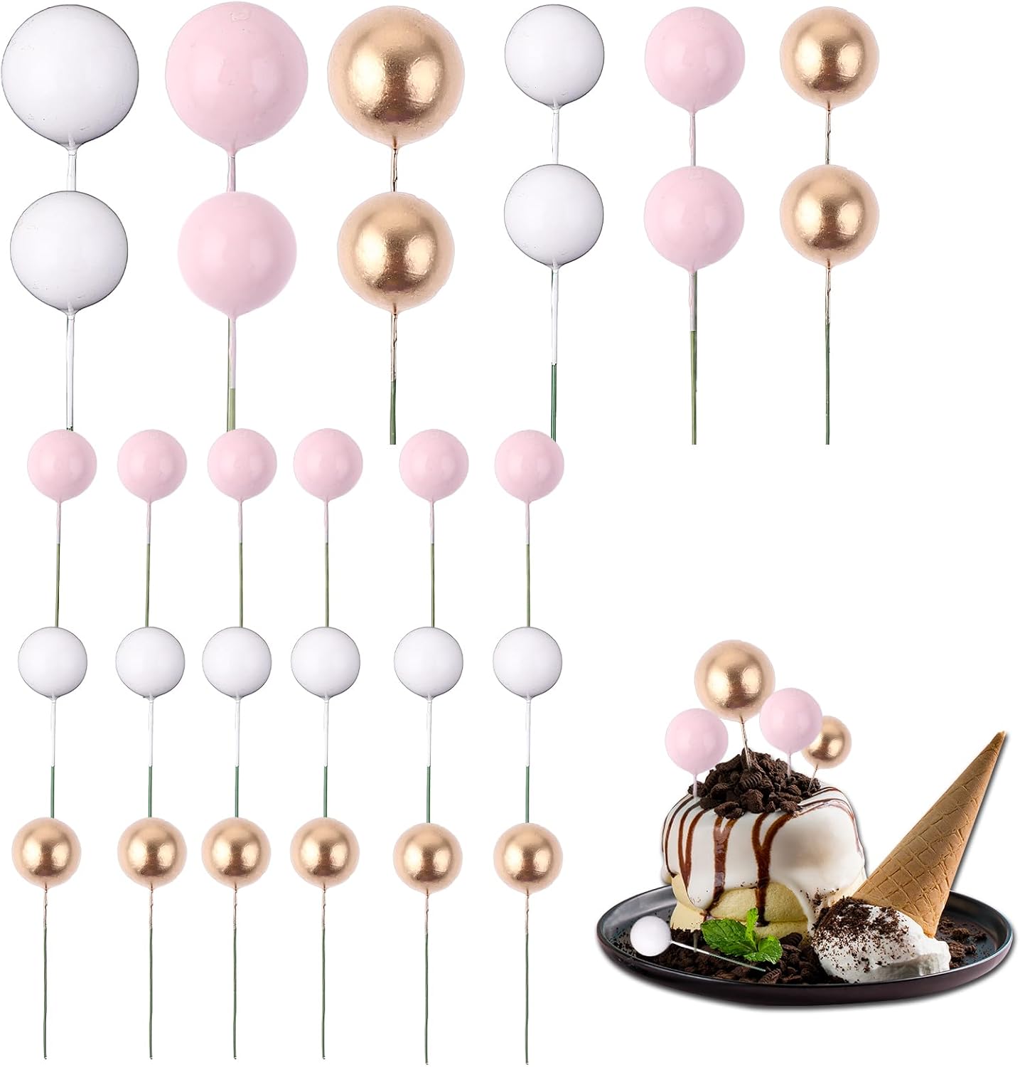 Amazon.com: Yolev 30Pcs Black White Gold Ball Cake Toppers Mini Balloon ...