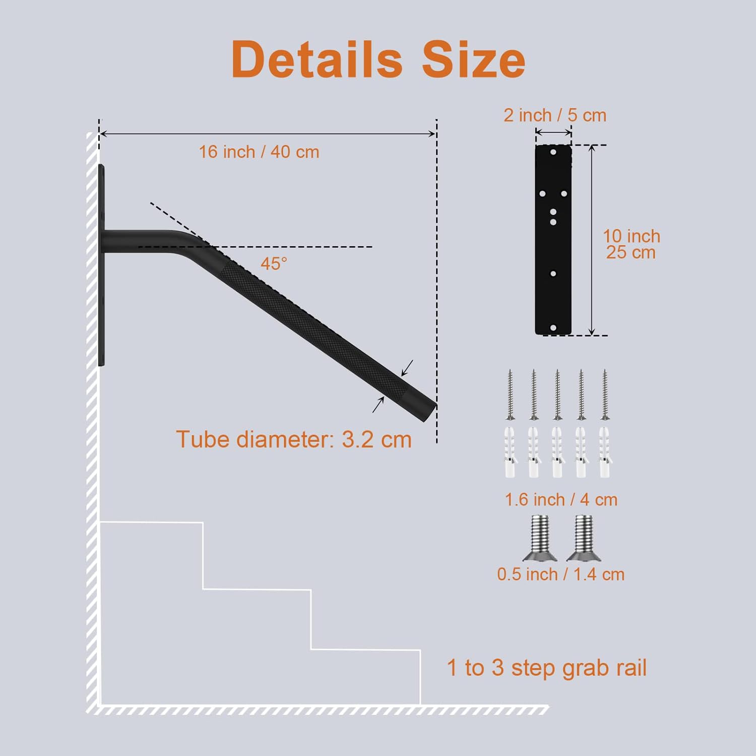 Snapklik.com : 16 Inch Black 1-3 Step Handrail w/Anti- Slip Knurled ...