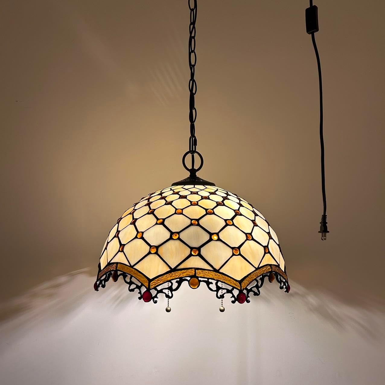 enjoy decor lamps Tiffany Pendant Lights Fixture Plug in Beige Stained ...