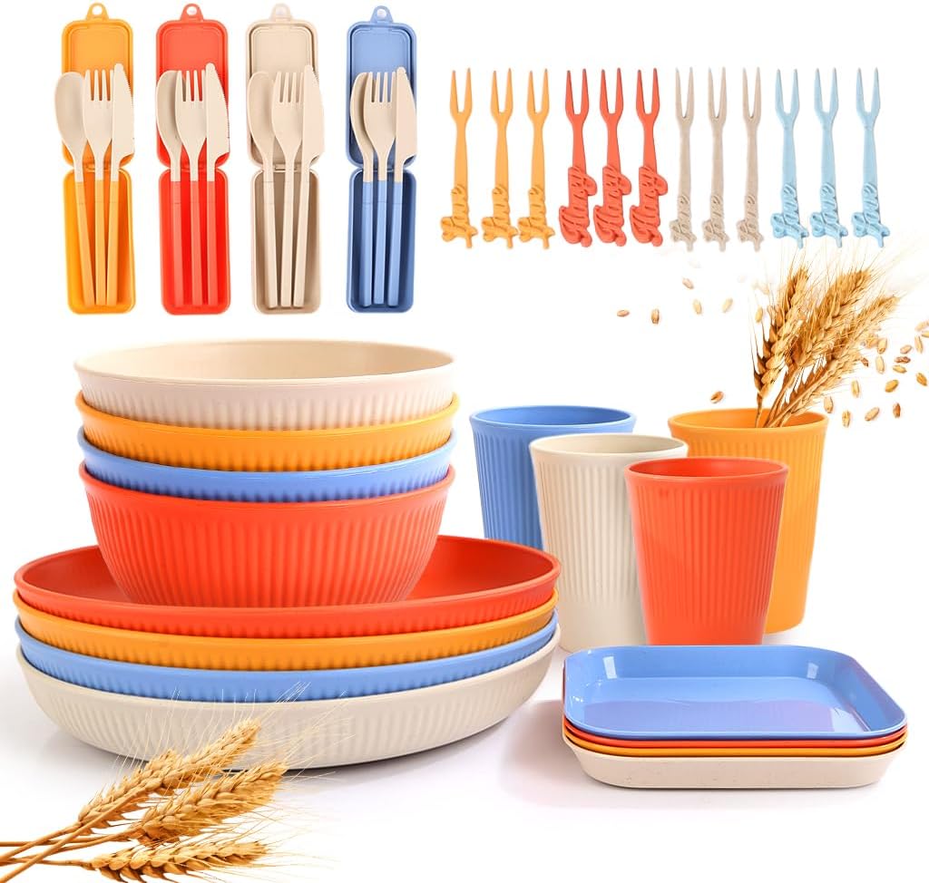 Amazon.com | FLAREFX Wheat Straw Dinnerware Sets for 4, Unbreakable ...