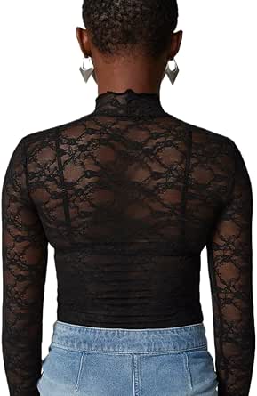 Womens Lace Mesh Sheer Long Sleeve Tops Mock Neck See Through Floral ...