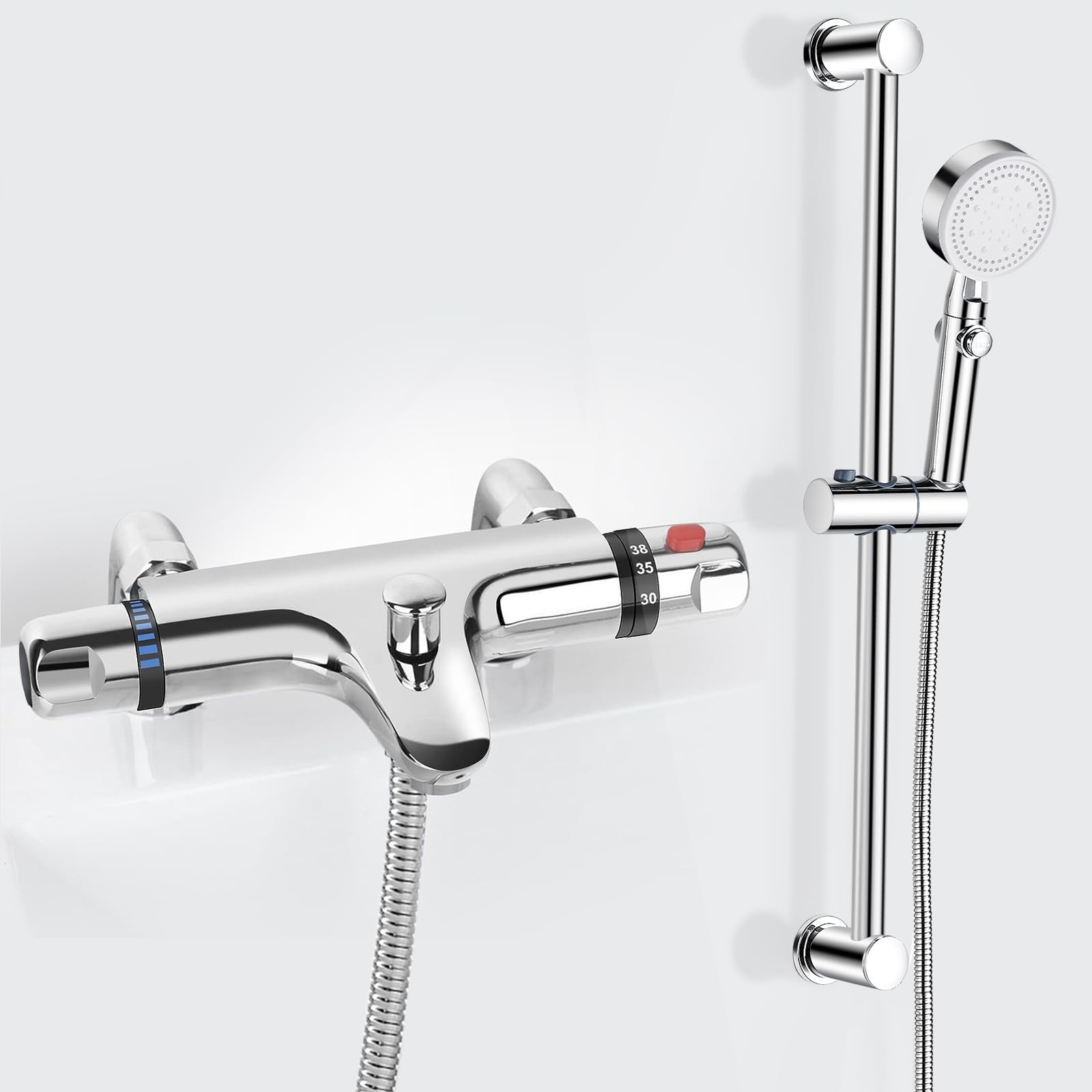 Thermostatic Bath Shower Mixer Tap with Square 3 Way Rigid Riser Kit ...