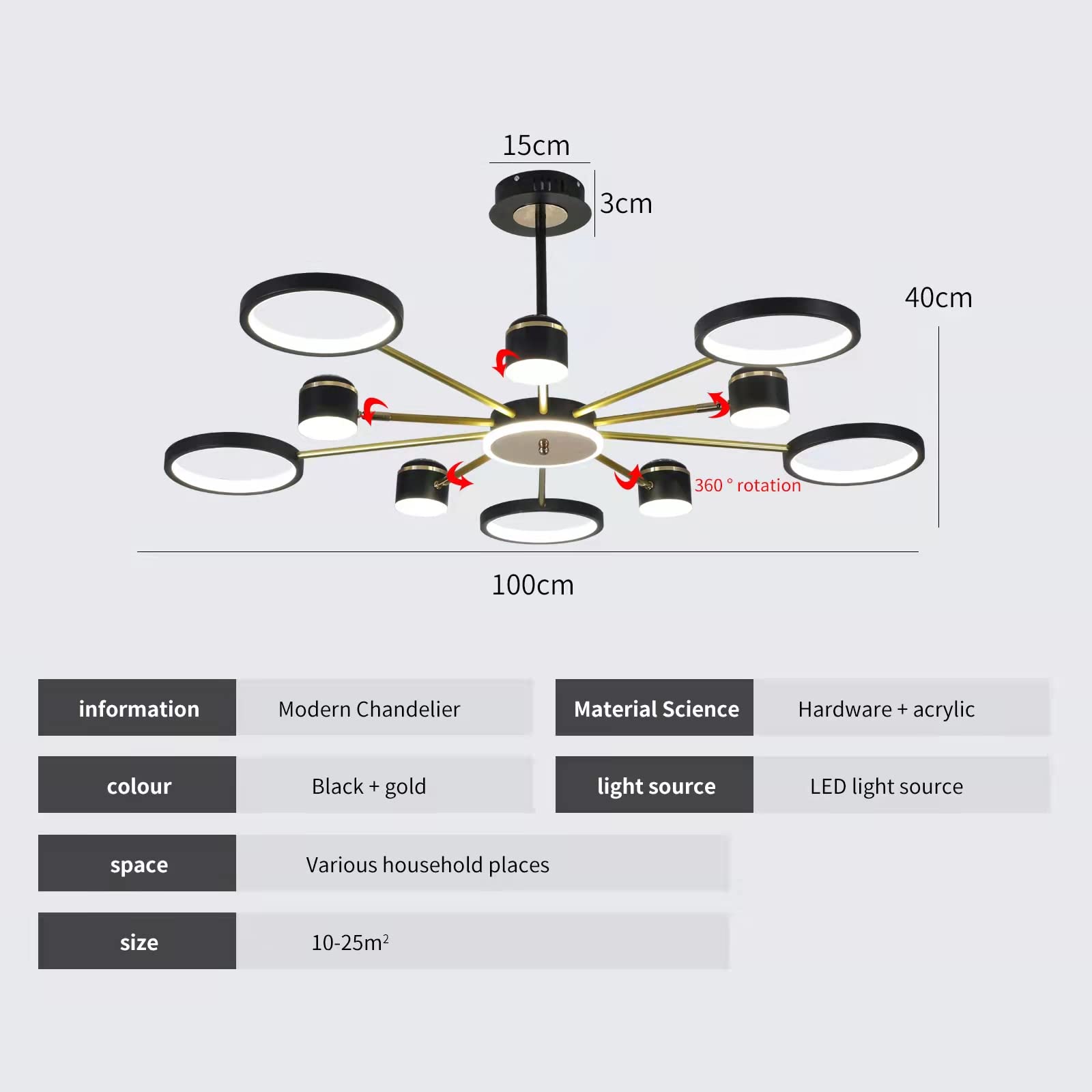 GEADI Modern Chandelier 78W Dimmable LED Black and Gold Sputnik Chandeliers with Remote Control ...