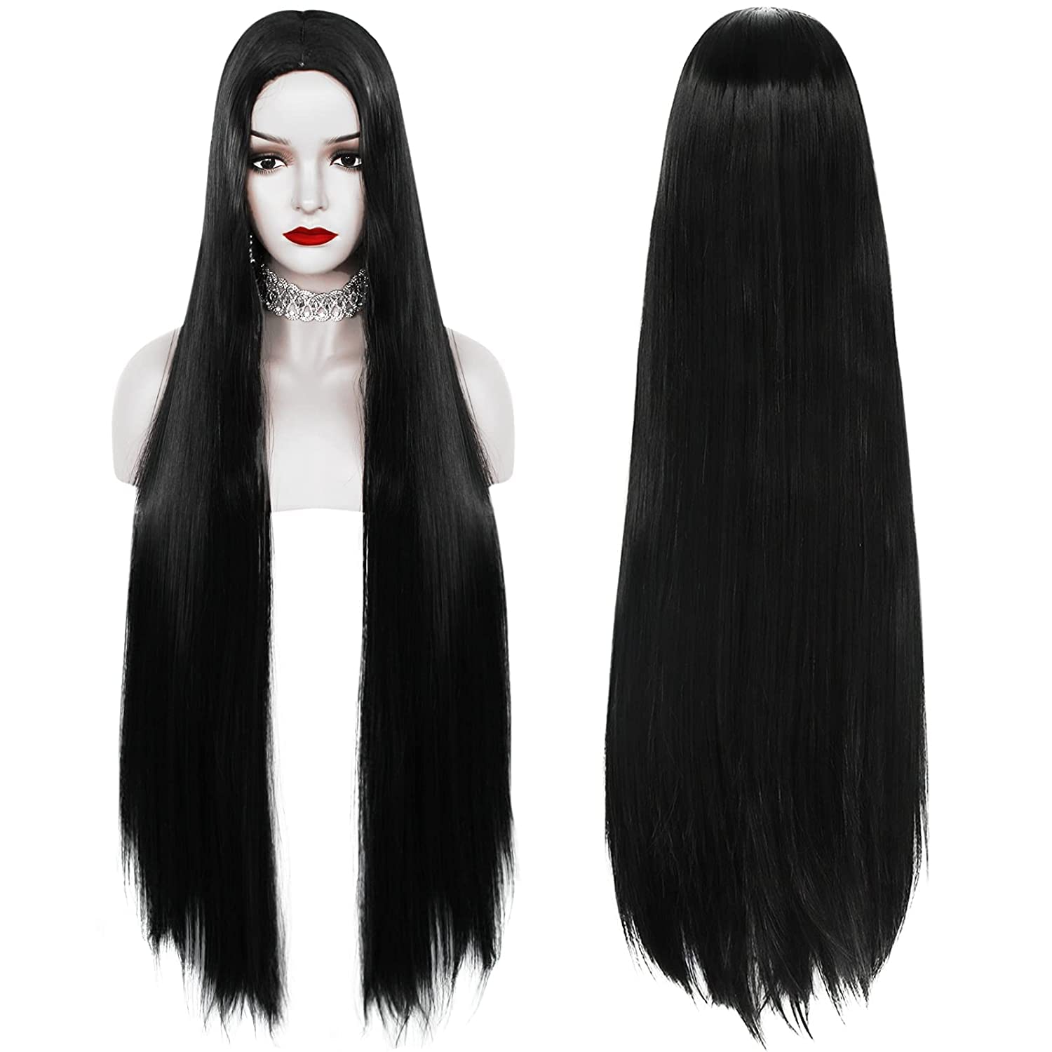 Amazon.com: Morticia Womens 40" Long Straight Middle Parting Halloween ...