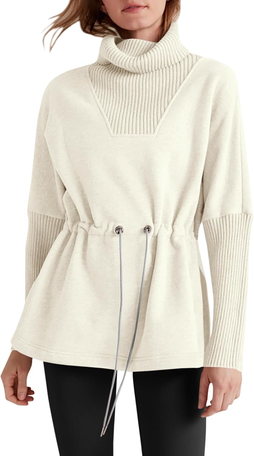 Fisoew Women's Turtleneck Sweatshirts Fleece Drawstring Waist Casual ...