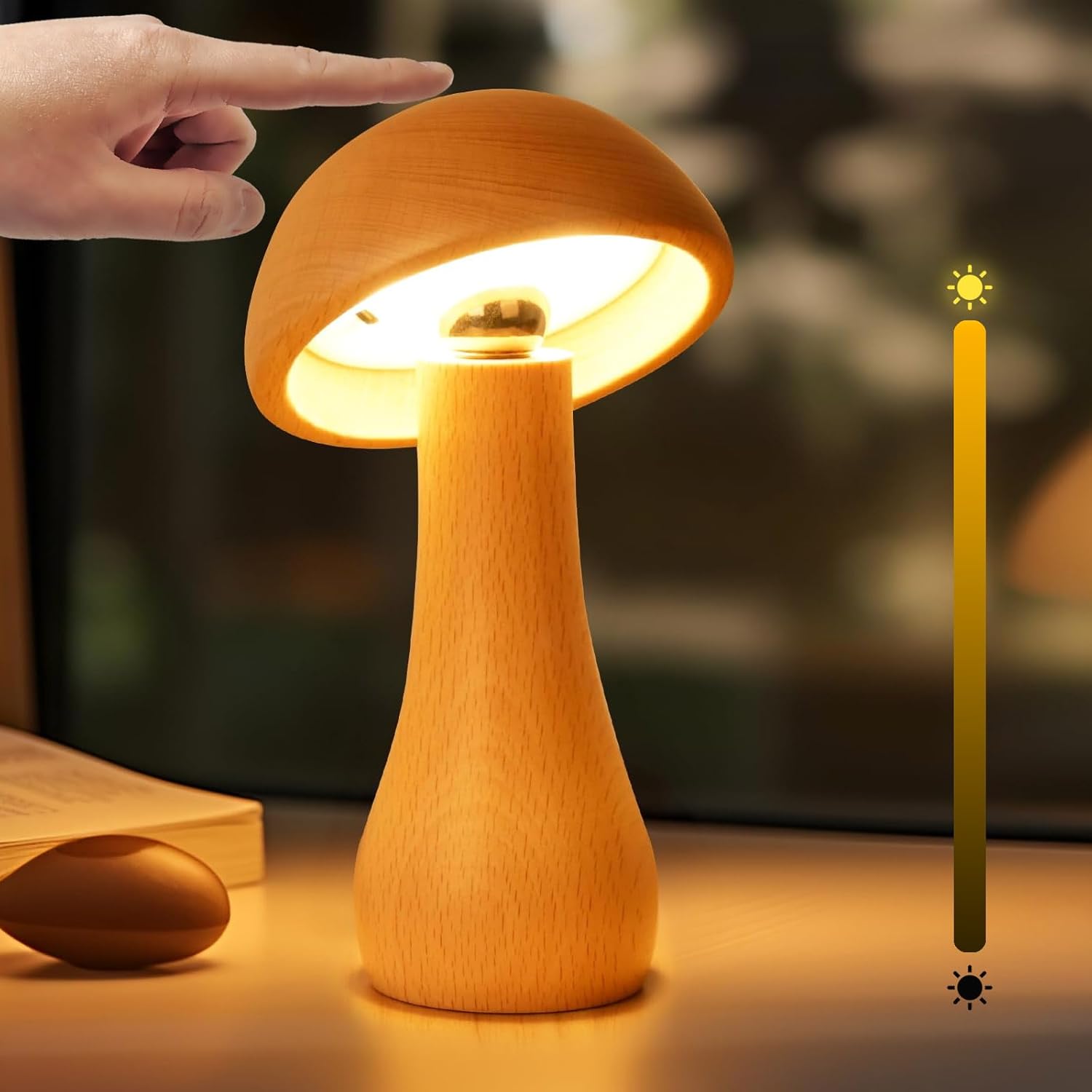 Wooden Small Mushroom Lamp, Touch Switch Cordless Table Lamp for ...