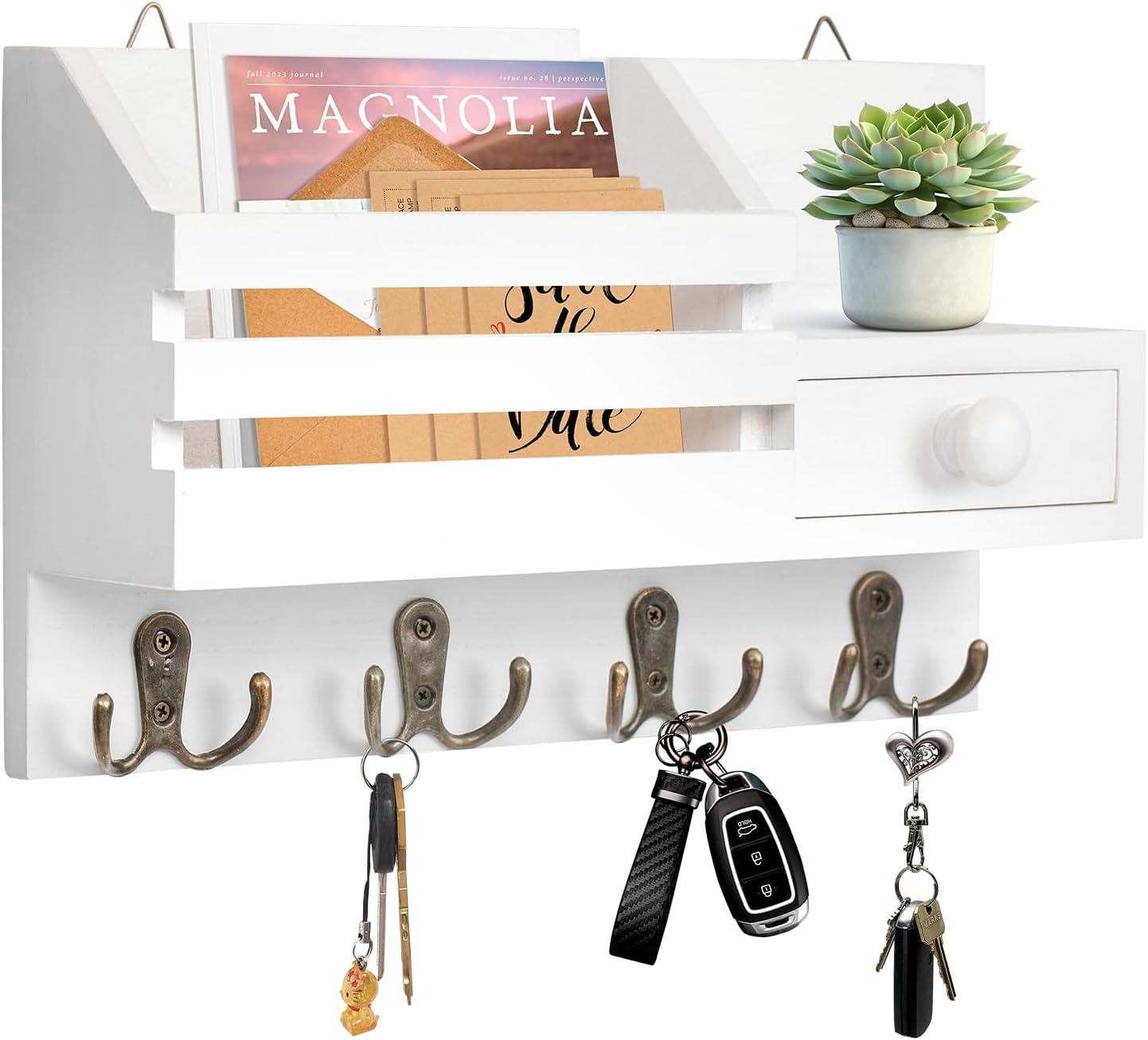 HOMEBROS Key Holder Wall Mount, White Wooden Key Mail Organizer with 8 ...