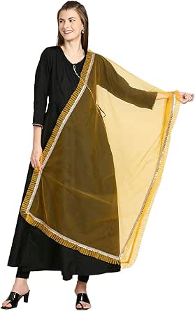 DUPATTA BAZAAR Women's Net Dupatta With Ruffle And Gold Lace Free ...
