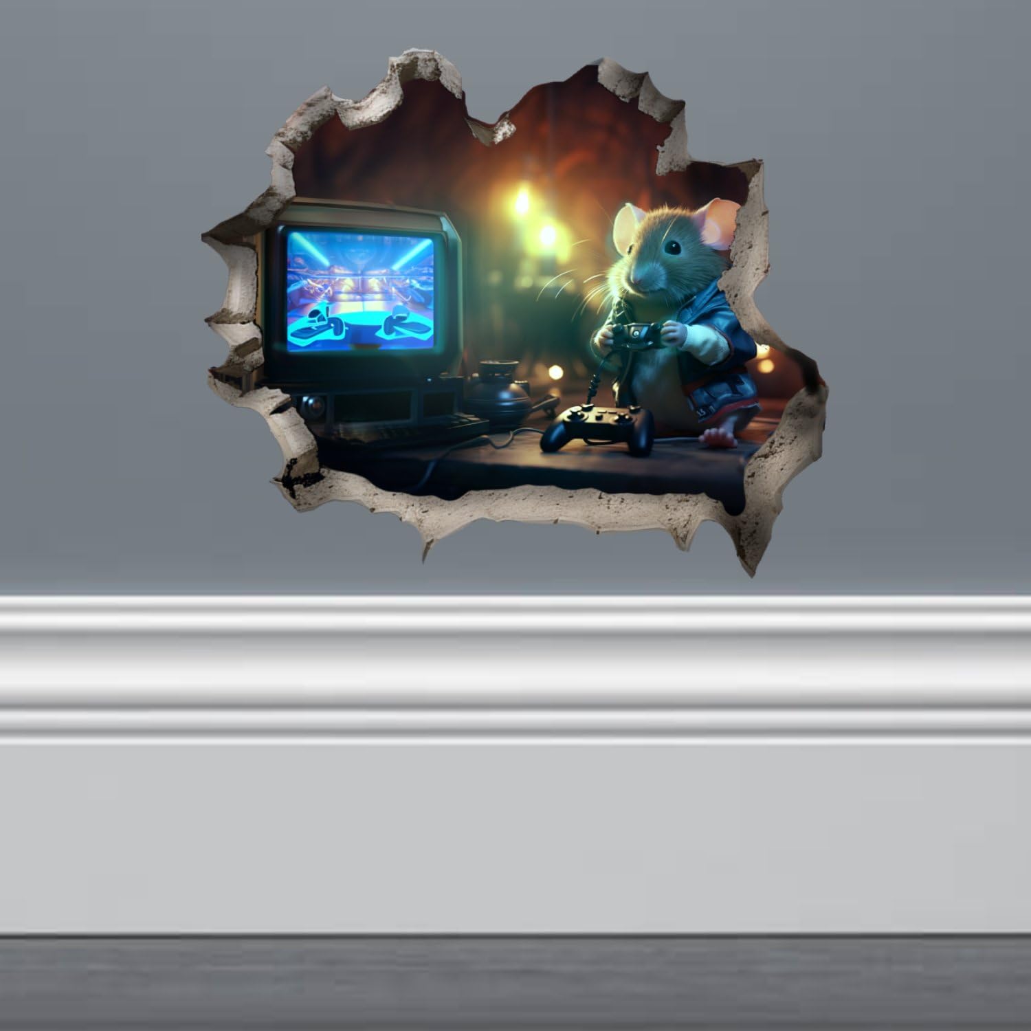 Amazon.com: Mouse Playing Video Games Hole in Wall Sticker - Funny Hole ...