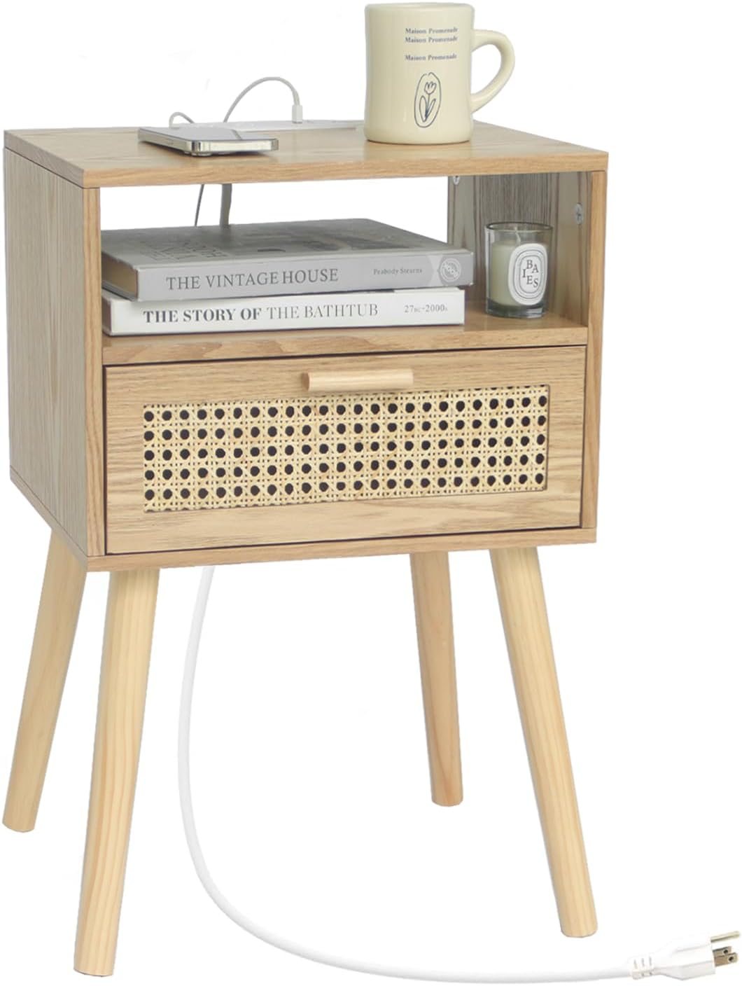 Amazon.com: Labcosi Natural Rattan Side Table, Flip Top Nightstand with ...