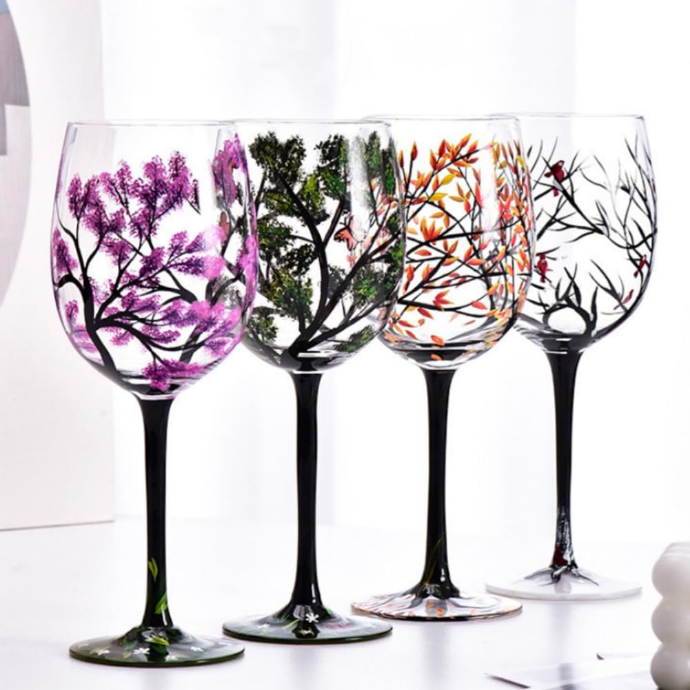 Amazon.com | Yuthsona 4PCS Hand Painted Wine Glass Four Seasons Tree ...