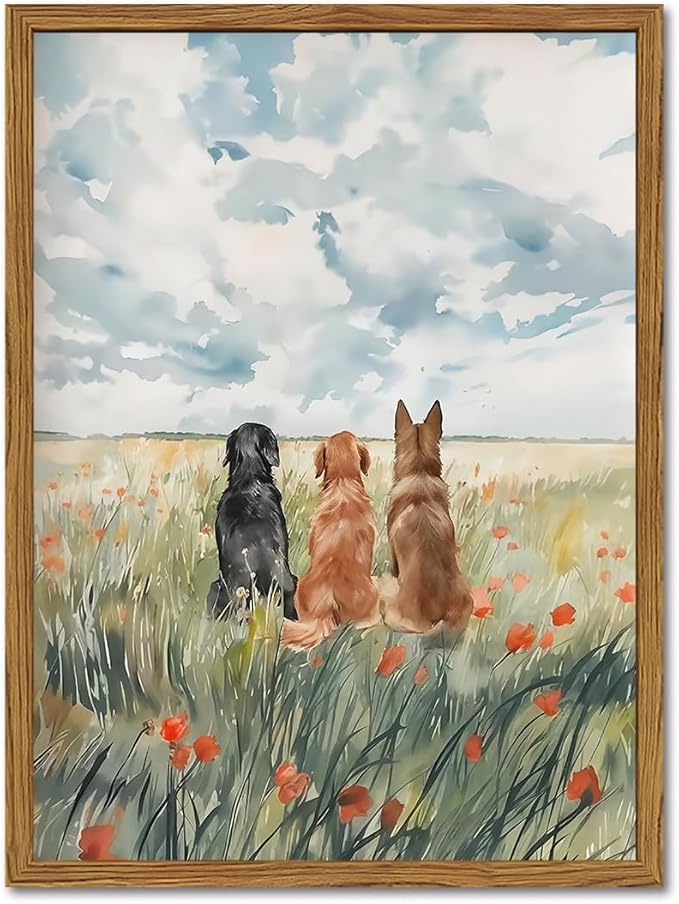 Amazon.com: Framed Dog Canvas Wall Art, Cute Three Dogs in Flower Field ...