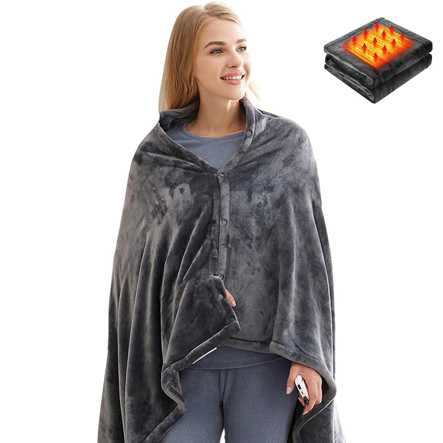 REWIAR USB Heated Shawl Blanket 3 Settings Wearable Throw with Buttons ...