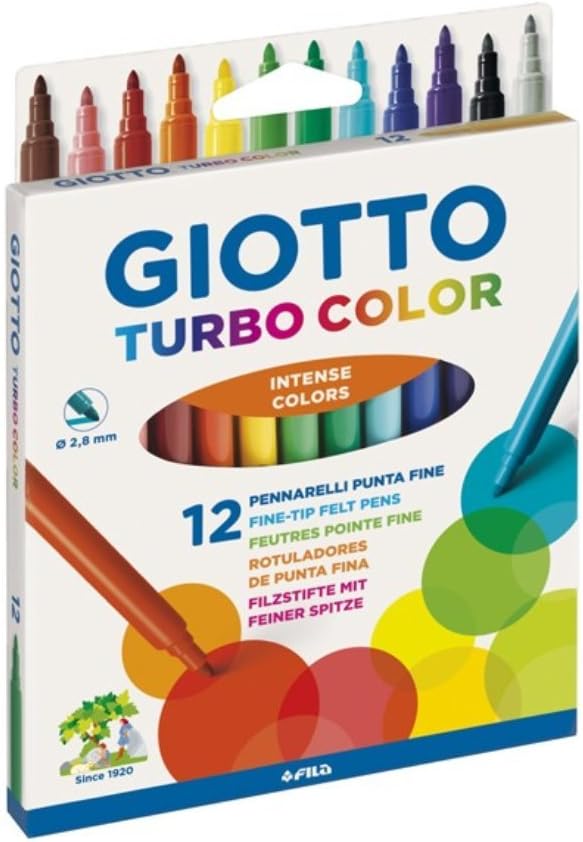GIOTTO Turbocolor Felt Tip Fibre Pens, Fine Tip Nib 2.8mm, 12 Assorted ...