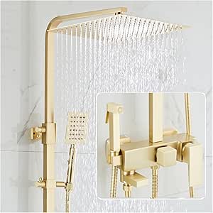 Square Rain Shower System, Height Adjustable Exposed Shower Faucets Sets with Bath Filler and ...