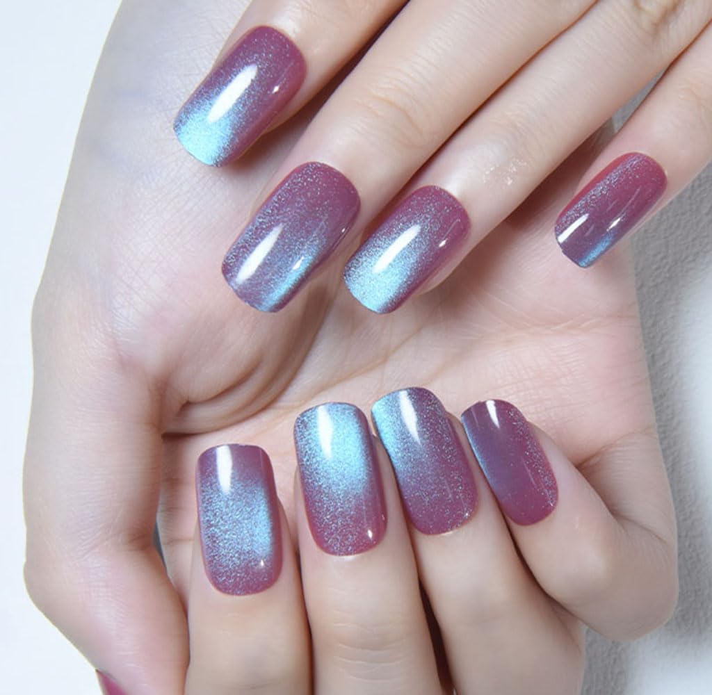 Amazon.com: evpct Mauve Blue Reflective Metallic Cat Eye Press on Nails ...
