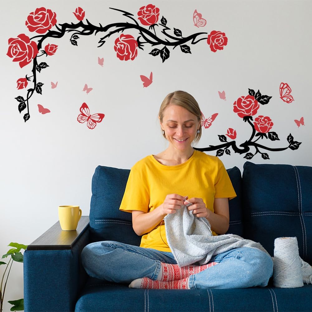 SUPERDANT Calcomanías románticas de pared de rosas rojas, mariposas ...