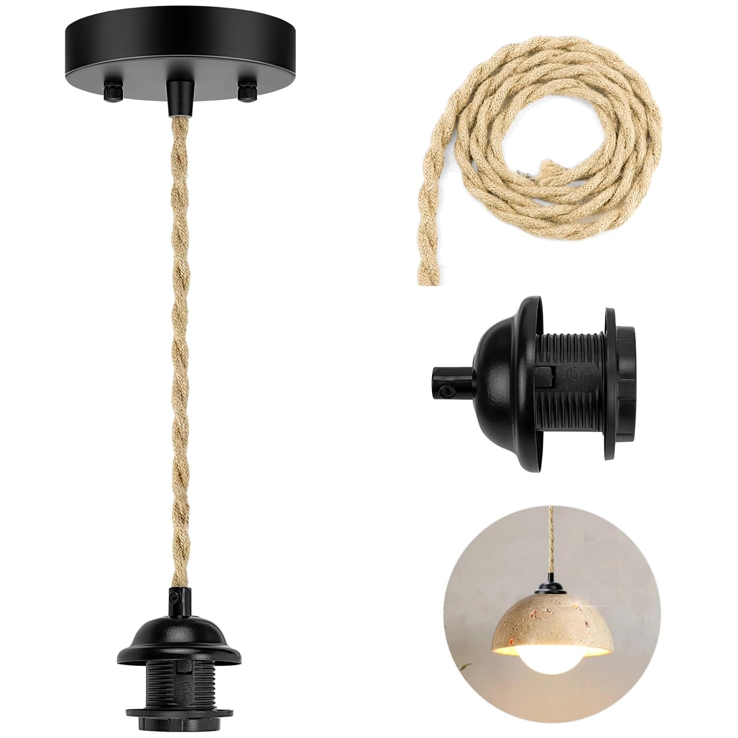 Tovmey Hemp Rope Pendant Light Kit, Upgraded UL E26/E27 Boho Pendant ...