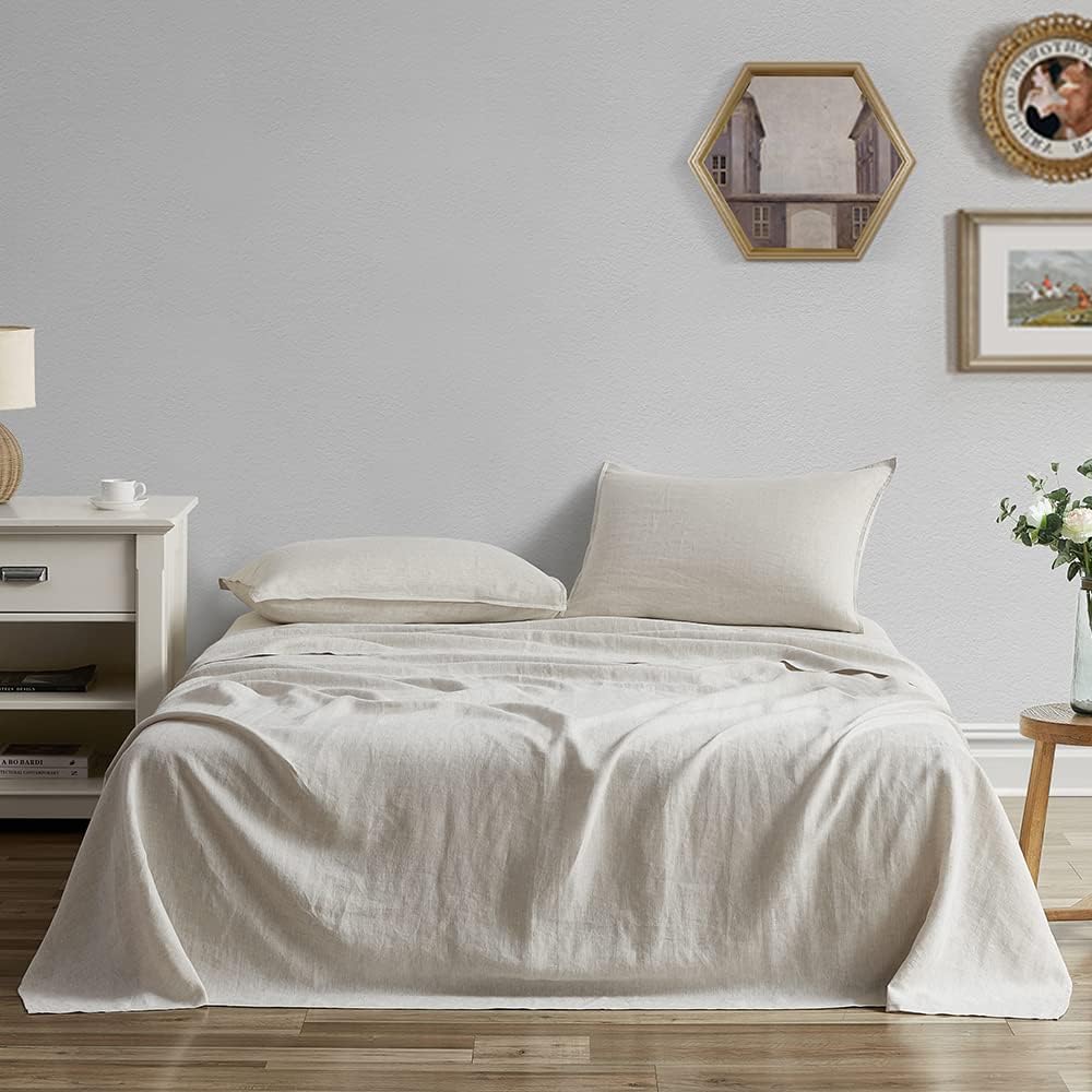 GIORCIS 100% Linen Sheet Set - Stone Washed Pure Natural French Flax ...