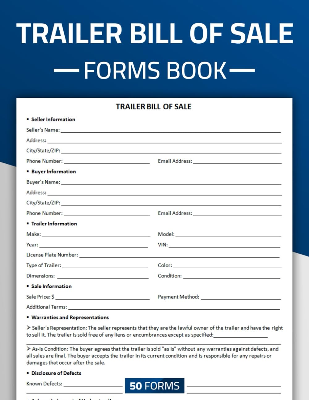 Trailer Bill of Sale Forms Book: Bill of Sale Form for Buying or ...