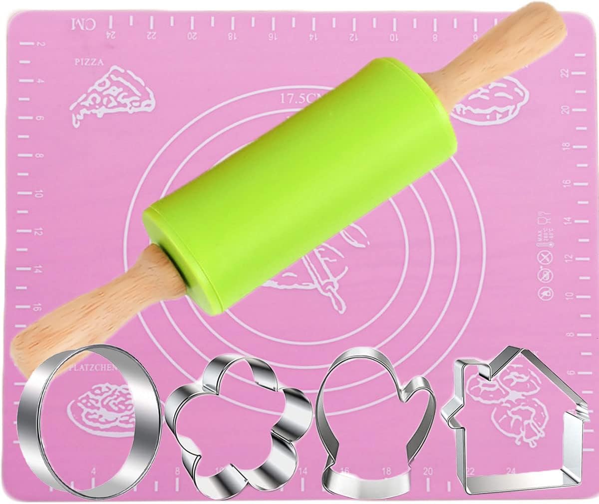 Amazon.com: Small Rolling Pin Dough Mat with Cookie Cutters Set: Home ...