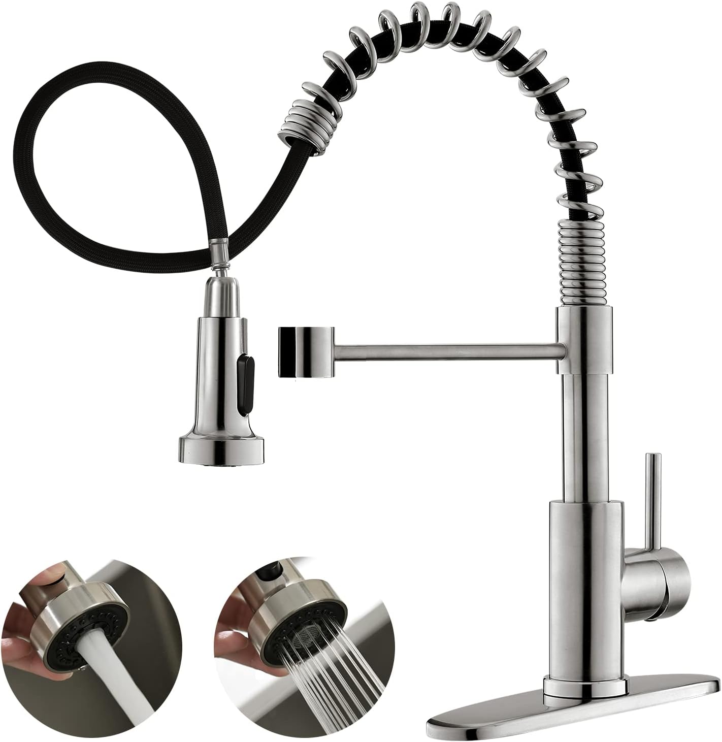 Brushed Nickel Spring Kitchen Faucet with Pull Down Sprayer, High Arc ...