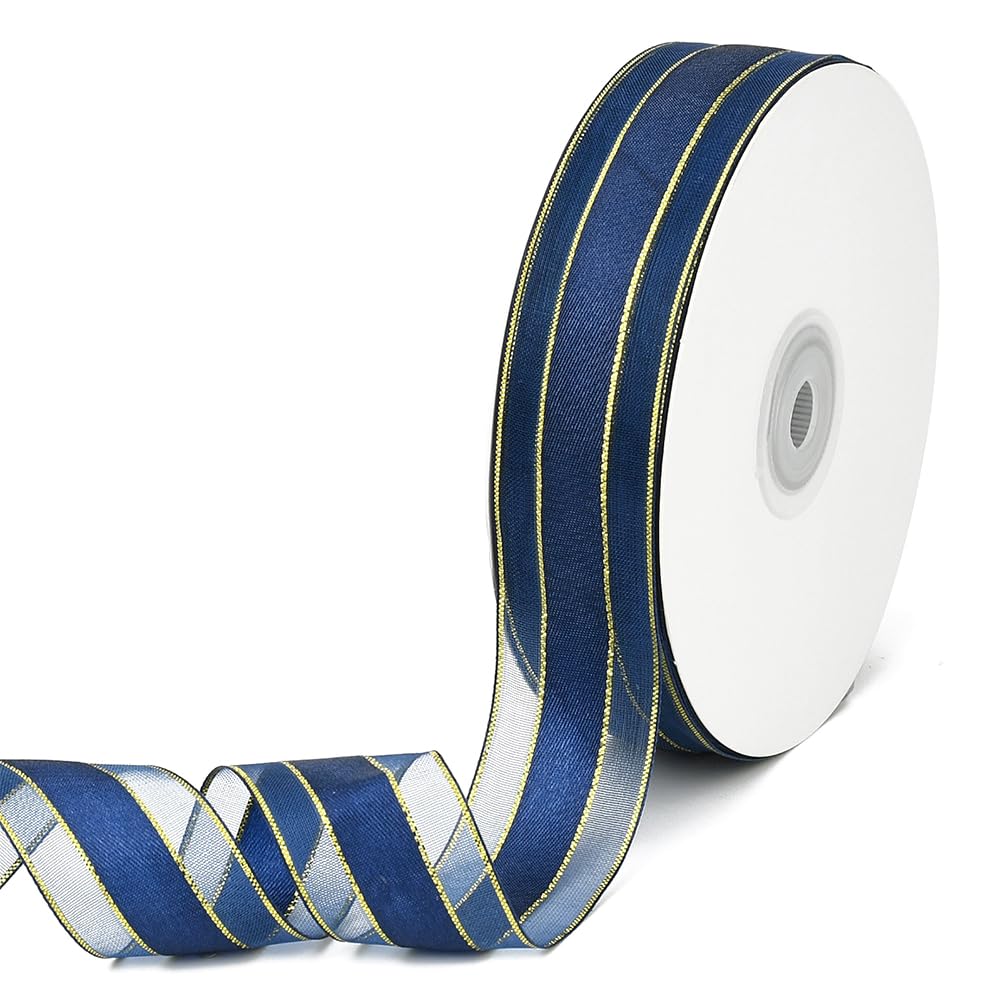Amazon.com: CABODYALS 50 Yards 1 Inch Navy Blue Organza Ribbon Gold ...