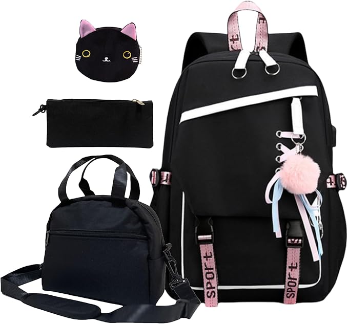 Amazon.com: Nmkopzy 4 Pcs Black Girls Backpack Bookbag with Lunch Box ...