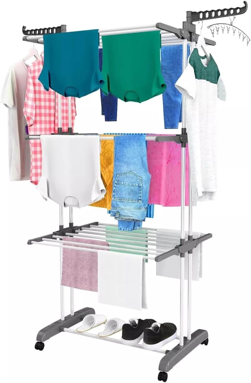 BURAKH 4-Tier Adjustable Stainless Steel Clothes Airer Drying Rack ...